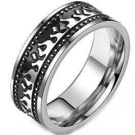 COI Titanium Black Silver Fire Flame Pipe Cut Flat Ring-9181
